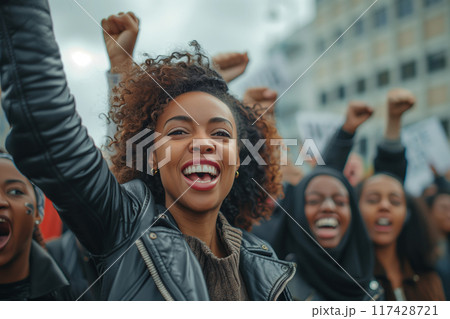 Young woman leads crowd in protest Shouting and...のイラスト素材 [117428721 ...