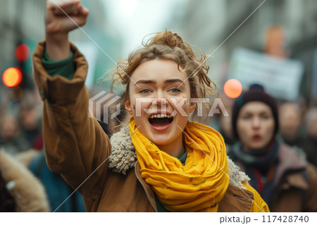 Young woman leads crowd in protest Shouting and...のイラスト素材 [117428740 ...