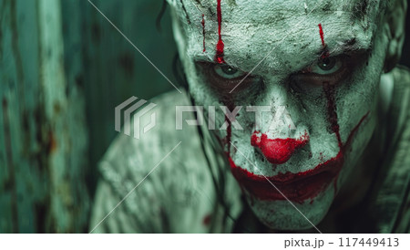 Zombie with scary face, damaged skin, blood on...のイラスト素材 [117449413 ...