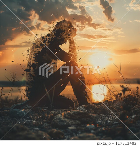 Emotional man disintegrating into particles...のイラスト素材 [117512482] - PIXTA