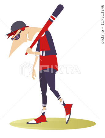 Upset baseball player holding a baseball bat on...のイラスト素材 [117513246 ...
