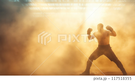 Boxer in a fighting stance amidst mist and warm...のイラスト素材 [117518355 ...