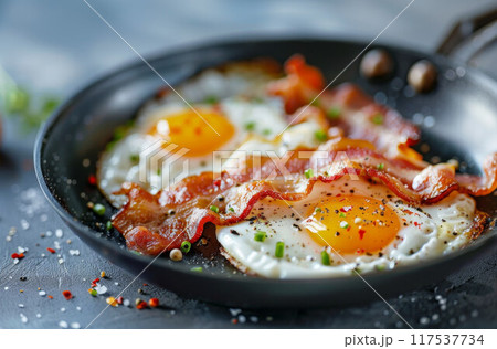 Hearty breakfast is served in a black frying...のイラスト素材 [117537734] - PIXTA