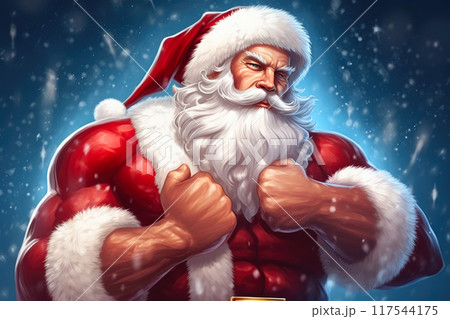 Festive Flex: Strong Santa Claus Close-Upのイラスト素材 [117544175] - PIXTA
