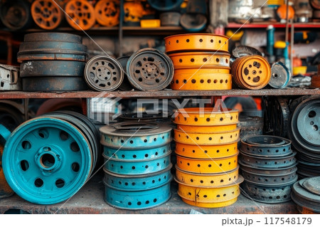 Assortment of colorful car wheels and rims in...のイラスト素材 [117548179] - PIXTA