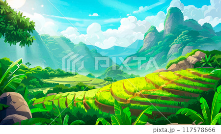 Terraced Rice Paddies Cartoon Illustration Lush...のイラスト素材 [117578666 ...