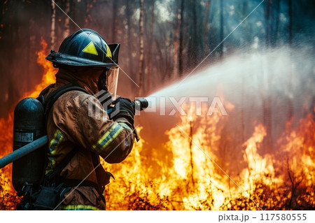Close-up of a firefighter directing a powerful...のイラスト素材 [117580555 ...