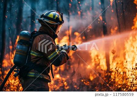 Close-up of a firefighter directing a powerful...のイラスト素材 [117580559 ...