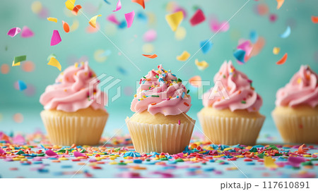 Cupcakes with pink icing and colorful confetti.のイラスト素材 [117610891] - PIXTA