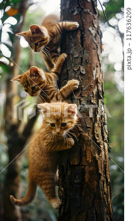 Three red cats climbing a tree trunk in a...のイラスト素材 [117636209] - PIXTA