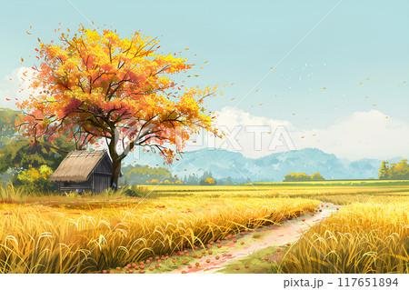 秋の田園風景のイラスト素材 [117651894] - PIXTA