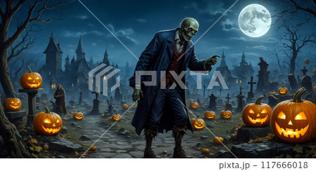 A zombies wanders around an old cemetery with a...のイラスト素材 [117666018 ...