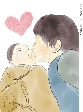 赤ちゃんの弟にキスするお兄ちゃんのイラストのイラスト素材 [117681144] - PIXTA