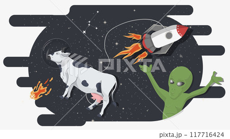 An alien looks at a cow flying on a cable in...のイラスト素材 [117716424] - PIXTA