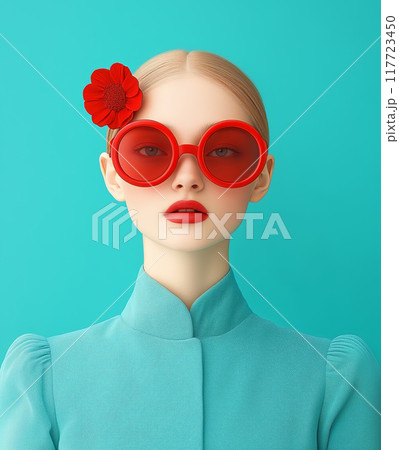 Model in red shades and blue outfit on teal...のイラスト素材 [117723450] - PIXTA