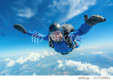 Male skydiver in blue gear experiencing...のイラスト素材 [117739001] - PIXTA