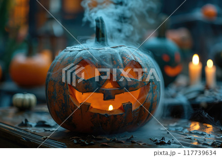 Carved pumpkin with menacing face sits on...のイラスト素材 [117739634] - PIXTA