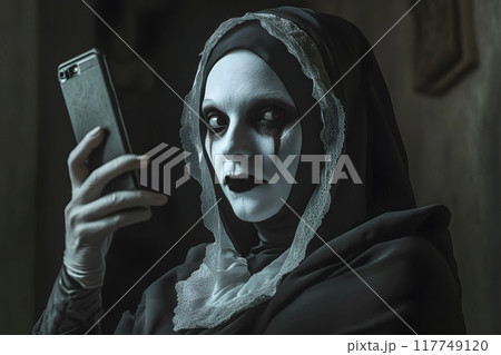 scary evil nun holding a smartphone, generative AIのイラスト素材 [117749120 ...
