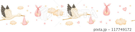Watercolor seamless border with stork and new...のイラスト素材 [117749172] - PIXTA