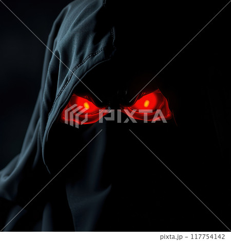 Hooded figure with glowing red eyes in the...のイラスト素材 [117754142] - PIXTA