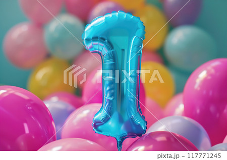 Colorful number one with balloons. Playful...のイラスト素材 [117771245] - PIXTA