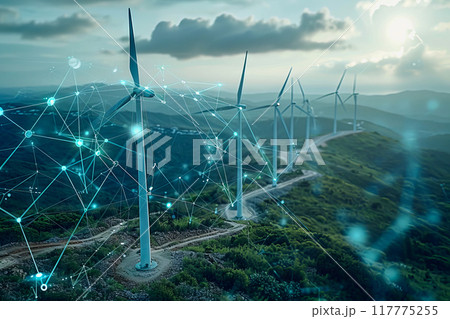 Wind power plant and technology. Smart grid....のイラスト素材 [117775255] - PIXTA