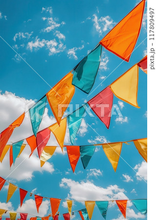 Colorful Festive Flags Against a Bright Blue...のイラスト素材 [117809497] - PIXTA
