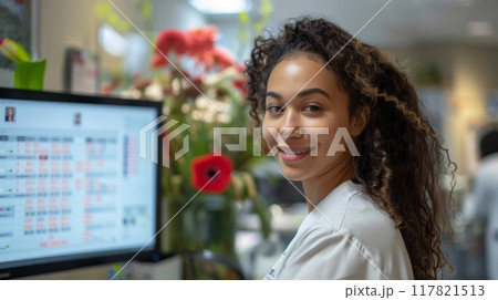 Smiling African-American receptionist in her...のイラスト素材 [117821513] - PIXTA