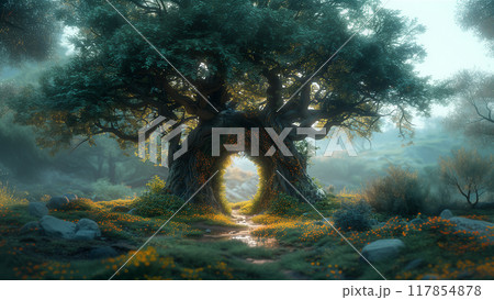 A bizarre tree with an oval opening in the...のイラスト素材 [117854878] - PIXTA