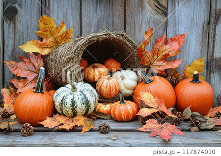 Autumn harvest display featuring a cornucopia...のイラスト素材 [117874010] - PIXTA