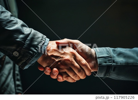 Close up two man shaking hand on dark backgroundのイラスト素材 [117905226] - PIXTA