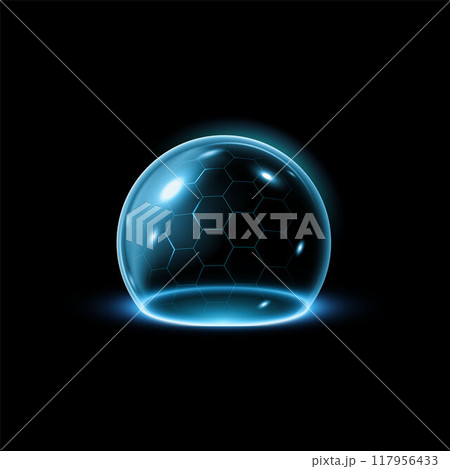 Glowing blue glass sphere shield with hexagonal...のイラスト素材 [117956433 ...