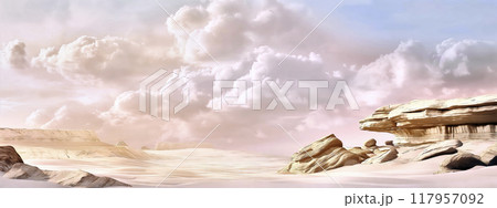Dramatic pink cloudscape over a wide desert...のイラスト素材 [117957092] - PIXTA