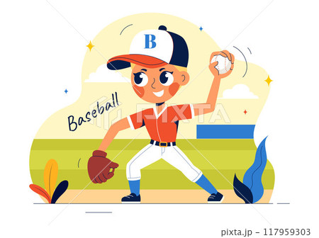 A Baseball Kids Player in Uniform is Throwing,...のイラスト素材 [117959303 ...