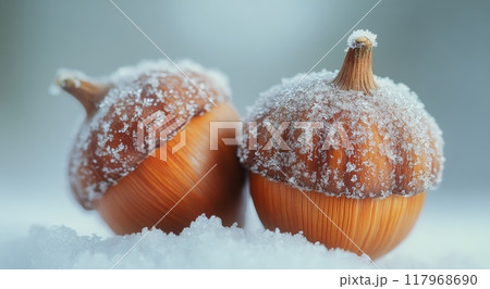 Acorns covered in snow resting delicately on a...のイラスト素材 [117968690 ...