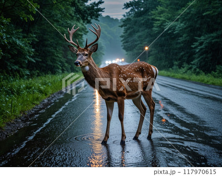 Deer buck darts across the road right in front...のイラスト素材 [117970615 ...