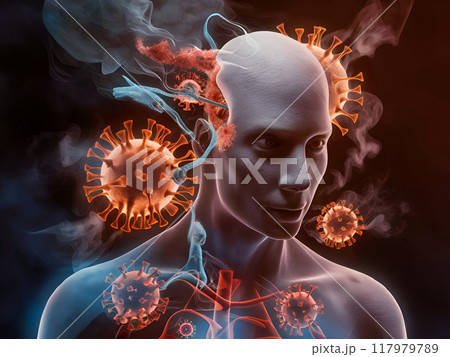 human head with torso attacked coronaviruses...のイラスト素材 [117979789] - PIXTA