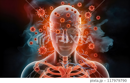 human head with torso attacked coronaviruses...のイラスト素材 [117979790] - PIXTA
