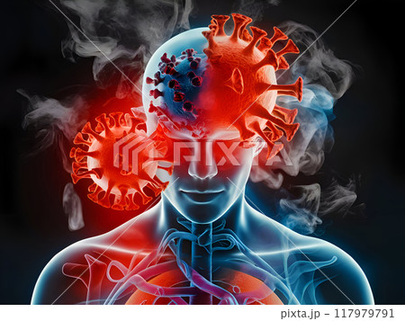 human head with torso attacked coronaviruses...のイラスト素材 [117979791] - PIXTA