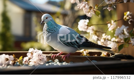 White dove in scenic blooming garden with ample...のイラスト素材 [117996532 ...