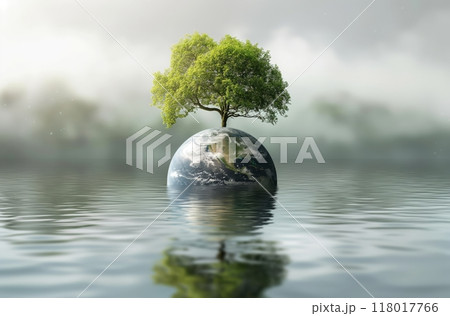 Tree growing on floating Earth in waterのイラスト素材 [118017766] - PIXTA