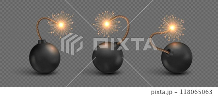 Realistic bomb with burning wick fuse, showing...のイラスト素材 [118065063 ...