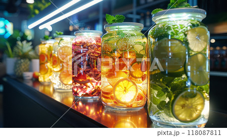 Illuminated Citrus and Herb Infused Water Jars:...のイラスト素材 [118087811 ...