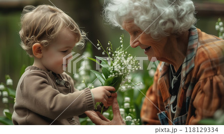 A little boy offering spring flowers to his...のイラスト素材 [118129334] - PIXTA