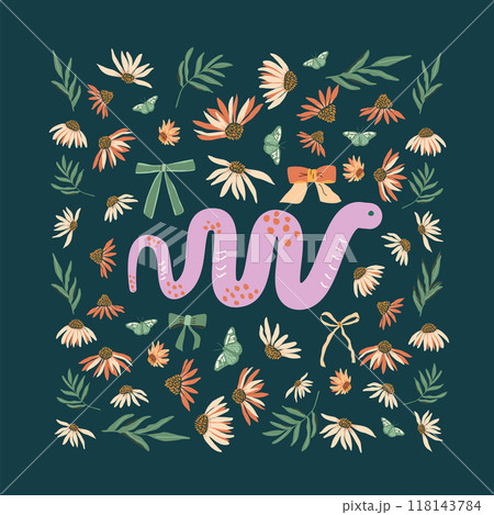 Snake and daisy with bow poster. Flowers and...のイラスト素材 [118143784] - PIXTA