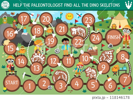Dinosaur dice board game for children with cute...のイラスト素材 [118146178 ...