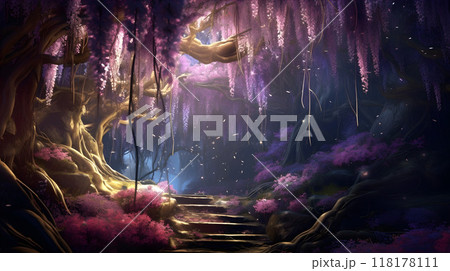 Hidden forest pathway illuminated by gentle...のイラスト素材 [118178111] - PIXTA