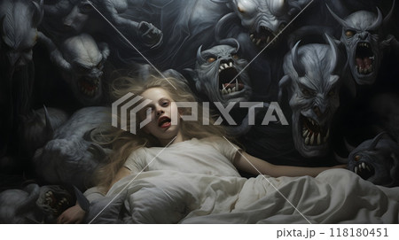 Girl in bed surrounded by demonic creatures in...のイラスト素材 [118180451 ...