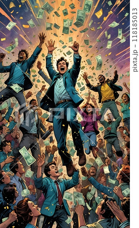 A crowd celebrating a windfall of money falling...のイラスト素材 [118185013 ...