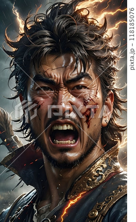Fierce warrior in battle stance with intense...のイラスト素材 [118185076] - PIXTA